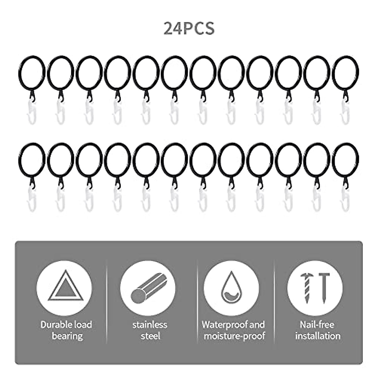 CALIDAKA Curtain Rings, 24Pack Black Curtain Rings and Hooks, 30mm Metal Hanging Rings with Curtain Hooks, Durable Curtain Drapery Pole Rod Rings for Window Rods, Shower Curtains Hanging