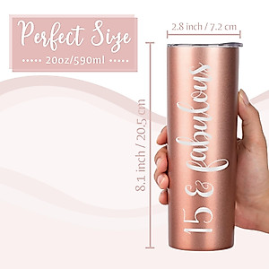 Onebttl Quinceanera Gifts, 15 Year Old Girl Gifts for Birthday, 15th Birthday Gifts for Girls, Female, Her - 20oz/590ml Stainless Steel Insulated Tumbler with Straw, Lid - 15 & Fabulous Rosegold