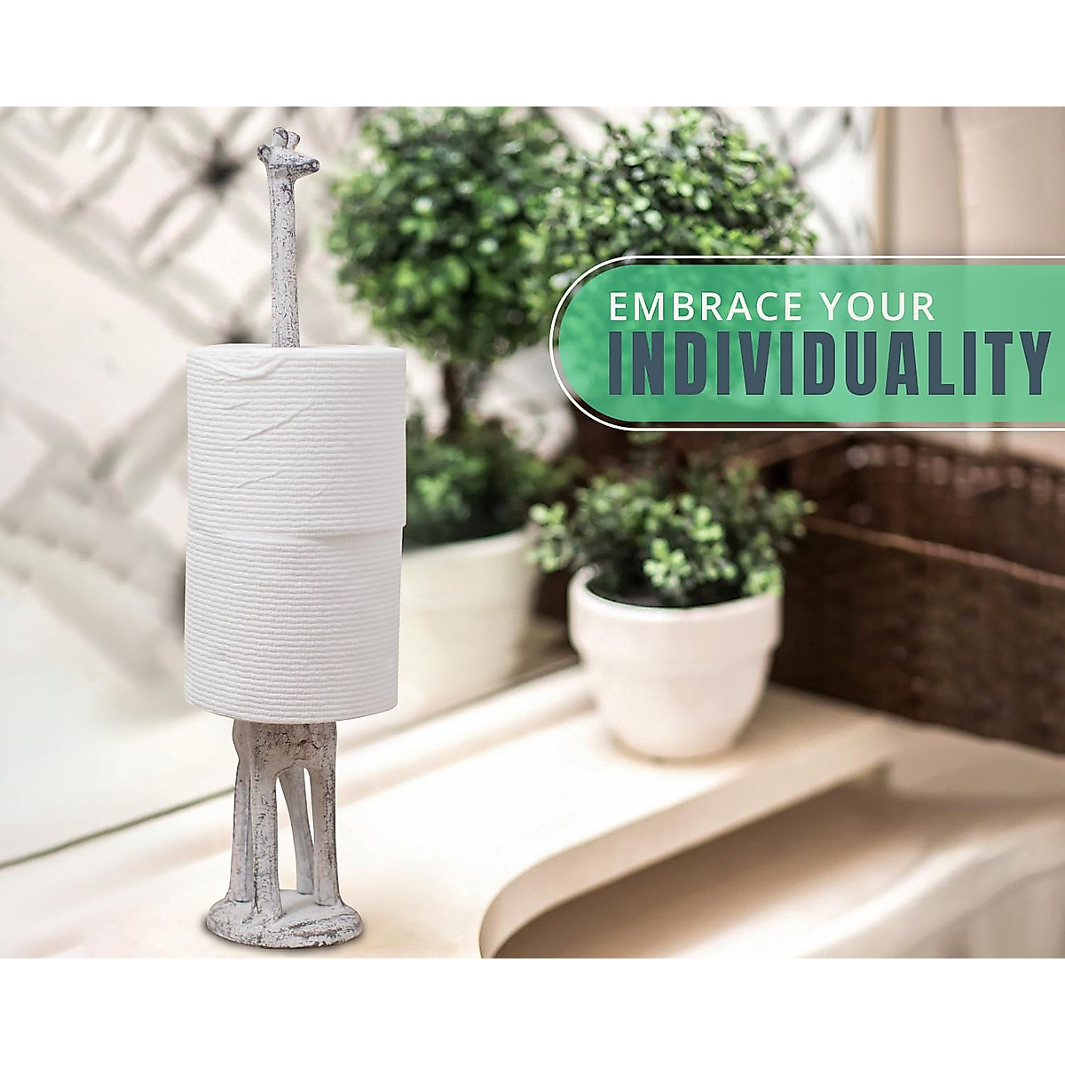 Paper Towel Holder or Free Standing Toilet Paper Holder- Cast Iron Giraffe Paper Holder - Decorative Bathroom Toilet Paper Holder or Stand Up Paper Towel Holder - Antique White by Comfify