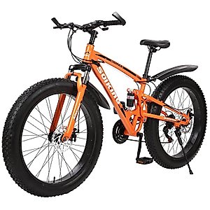 DSVF 26in 4.0 Fat Tire Mens Mountain Bike Road Bicycle, Medium Aluminum Frame City Bike, 21 Speed Adults Teens Road Bicycle Disc Brake Aluminum Soft Cushion Racing Bike【US Stock】 (Orange)