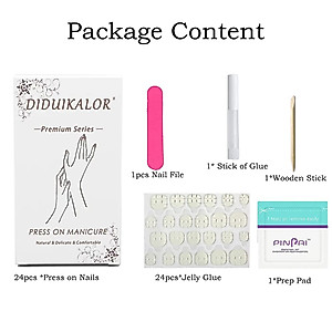 Diduikalor Evil Eye Press On Nails Almond, Cute French Acrylic Nails Press on for Women Girls DIY Nail Manicure, Includes Prep Pad, Mini File, Cuticle Stick, Glue, Jelly Glue and 24 Fake Nails