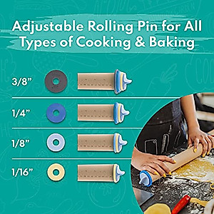 Pepe Nero Adjustable Wood Rolling Pin Set – Rolling Pin with thickness Rings – Cookie Rolling Pin - Pastry Cutter- Pasta Pizza Dough Fondant Roller – Best Rolling Pin - Baking Supplies - Dough Cutter