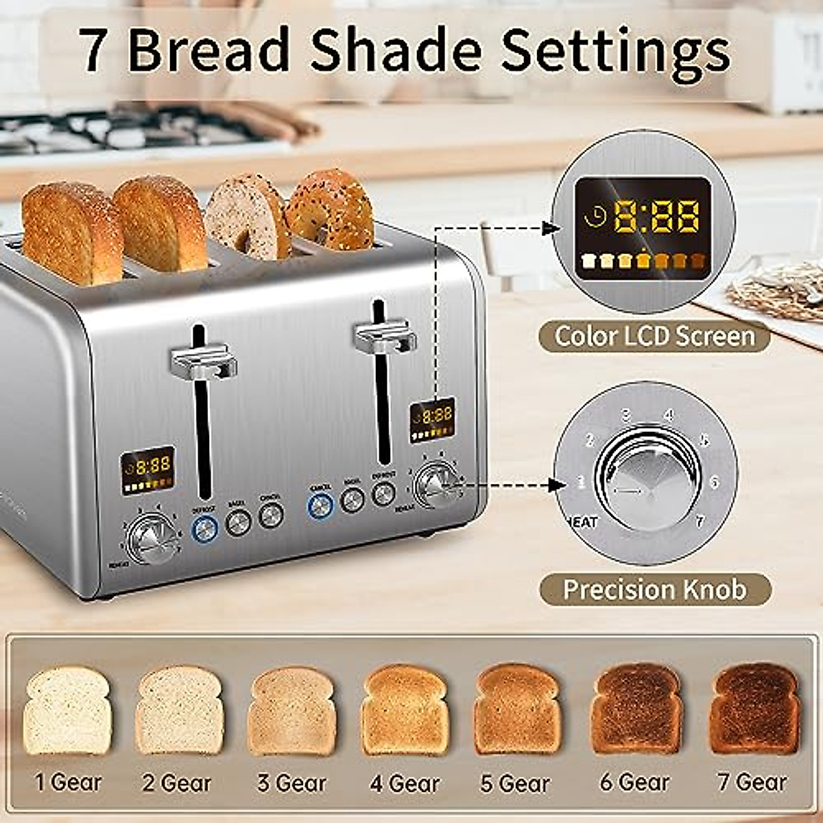 SEEDEEM 4 Slice Toaster, Stainless Bread Toaster Color LCD Display, 7 Bread Shade Settings, 1.5'' Wide Slots Toaster with Bagel/Defrost/Reheat Functions, Removable Crumb Tray, Silver Metallic, 1800W