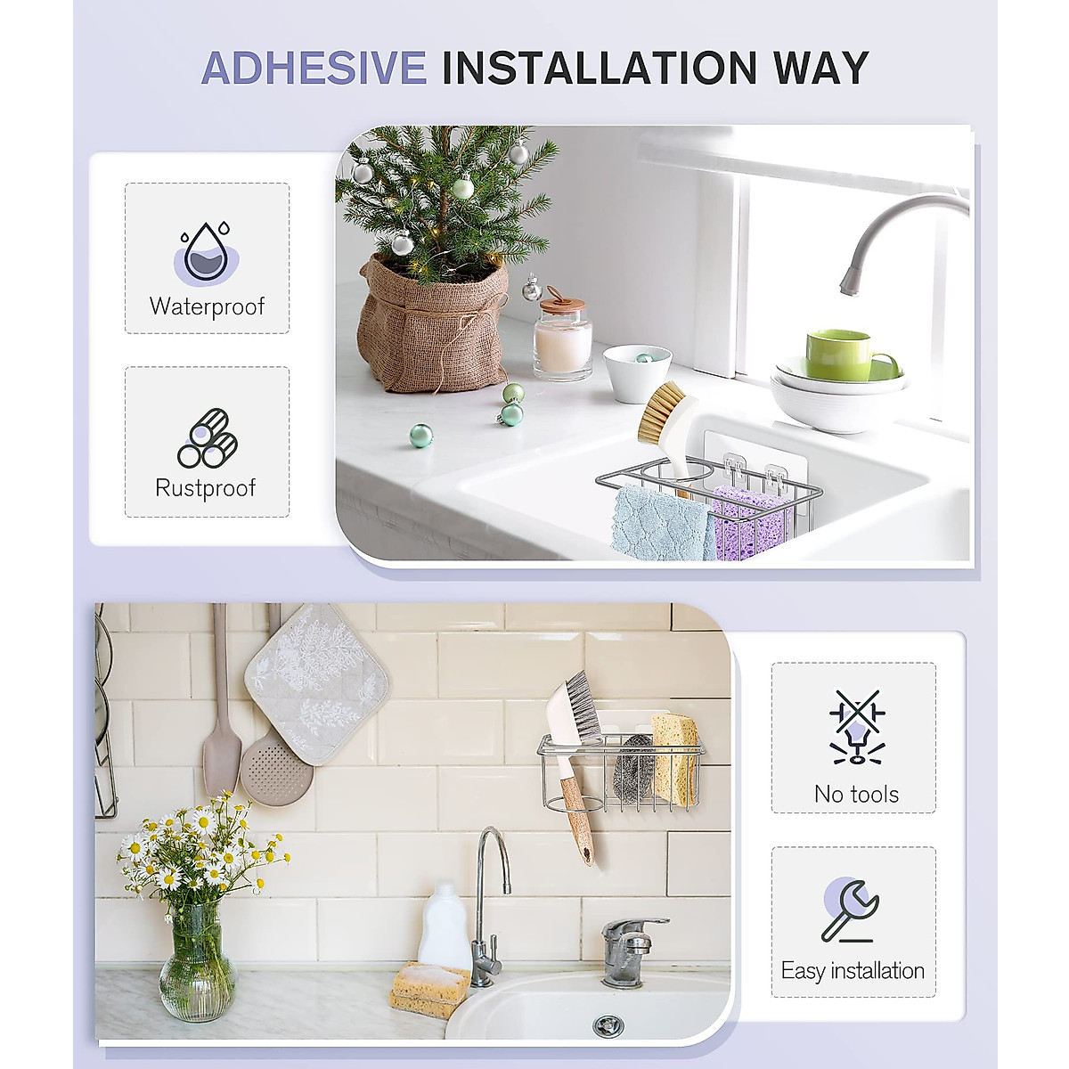 3 in 1 Sink Caddy Sponge Holder, VIS'V 304 Stainless Steel Adhesive Kitchen Sink Basket Sponge Holder Brush Holder Dishcloth Hanger Kitchen Sink Accessories Organizer Rack with 2 Suction Cups - Silver