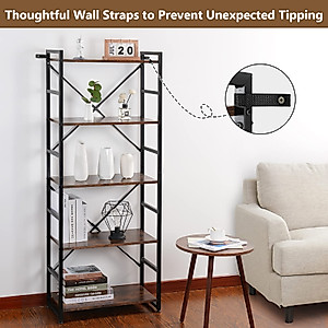 Haton Bookshelf, 5 Tier Industrial Rustic Wood Bookcase, Modern Standing Metal Frame Book Shelf for Living Room, Bedroom and Office, 5-Shelf, Brown/Black