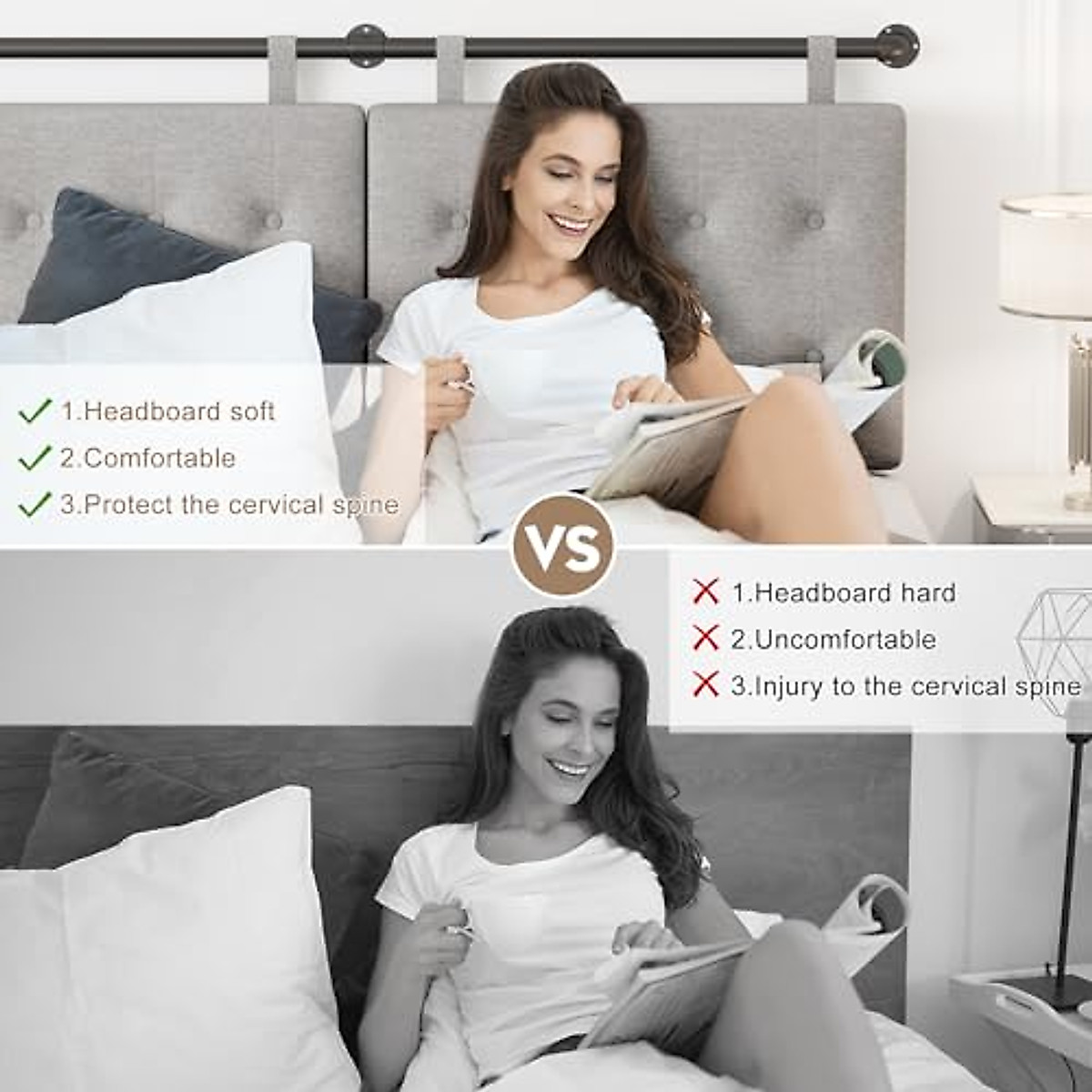 Yojoker Wall Mounted Headboard Queen, Hanging Upholstered Headboards for Queen Size Bed, Boho Floating Dorm Bed Headboard, Upholstery Button Tufted Wall Head Board for Bedroom-Grey