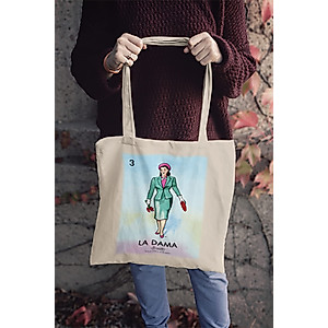 Pop Threads La Dama Woman Lady Loteria Card Mexican Bingo Black 15x15 inches Large Canvas Tote Bag