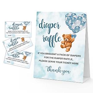 Diaper Raffle for Shower, Blue Balloon Bear Cards, 1 Sign & 50 Guess Cards Kit, Party Favors, Decorations, for Shower Reveal Gender Game to Bring a Pack of Diapers - DIAPER-b007
