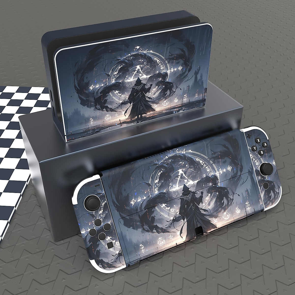 PlayVital Full Set Protective Stickers for Nintendo Switch OLED Model, Customized Vinyl Decal Skins for Switch OLED Console & Joycon & Dock & Grip - Runecaster