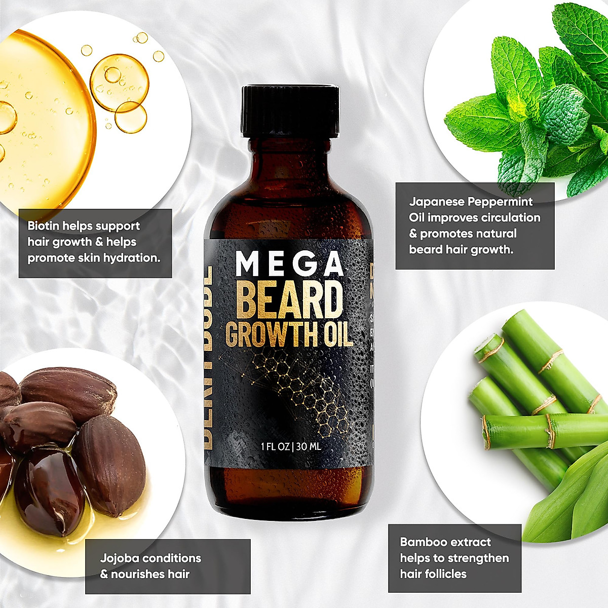 Derm Dude Mega Beard Growth Oil with Jojoba Oil, Japanese Peppermint Oil, Castor Oil, Avocado oil and more. Promotes Natural Healthy Facial Hair Growth for Men, Thickening and Conditioning Beard Oil