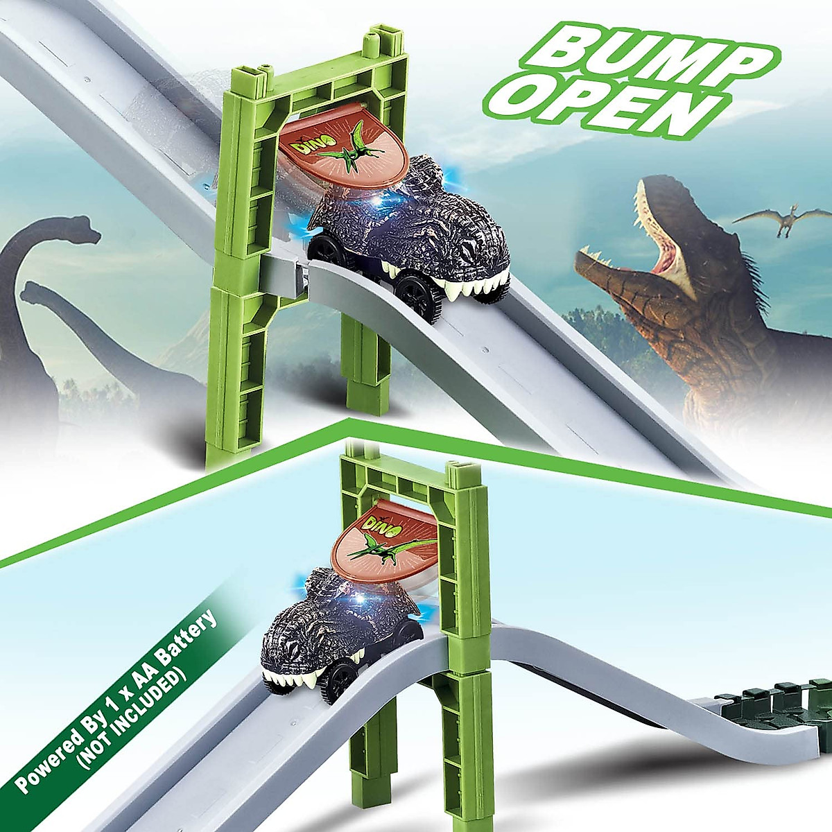 WESPREX Dinosaur Toys Flexible Race Track Toy Set 166 PCS with 2 Dinosaur Cars, Rotary Tower, Slide, Tunnel, U-Turn Station, 2 Dinosaur Figures, Toy Vehicle Playset, Gift for Kids Boys Girls Ages 3+