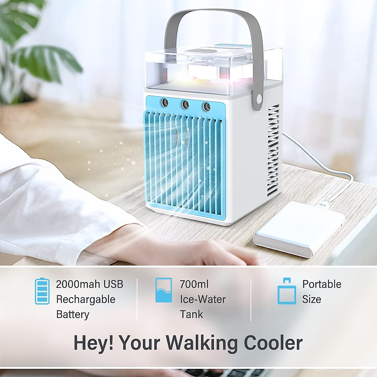 Thehomeuse Portable Air Conditioner Fan, 3in1 Personal Mini Cooler, Small Evaporative Cooler with LED Lights, Quiet Desktop Cooling Fan for Office, White