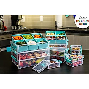 Joy Filled Storage - 3 Clear Stackable Containers with Handle and 6 Compartment Insert (10x7x2.5in) - with Turquoise Detail for Craft, Ideal for Food Storage and Organizing Containers