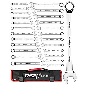 DISEN 24pcs Combination Wrench Set, Metric/SAE, IN/MM Wrench Set with Tool Roll,12 Point Combination Wrench, 7-18mm and 1/4-7/8" Box End and Open End Wrench Set, Drop Forged Steel
