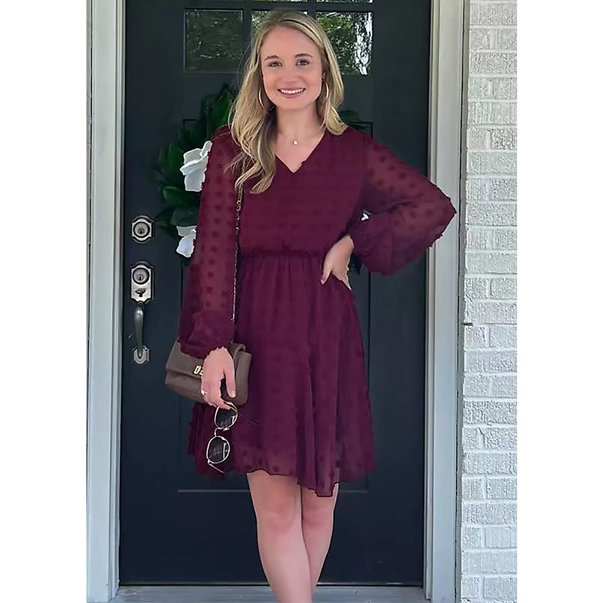 KIRUNDO Womens Spring Dresses 2024 Fashion Casual Long Lantern Sleeve V Neck Cute Swiss Dot Mini Wedding Guest Dress(Style2-Wine Red, X-Large)