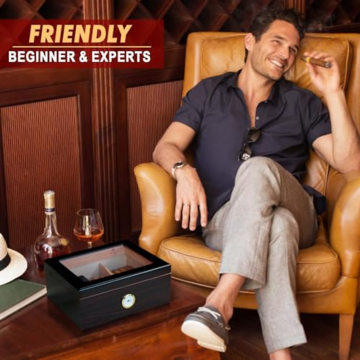 Slege Cigar Humidor,Humidor Cigar Box for Cuban Cigars,Glass-Top Humidor Spanish Cedar-Cigar Case,Humidifier,Divider,Hygrometer