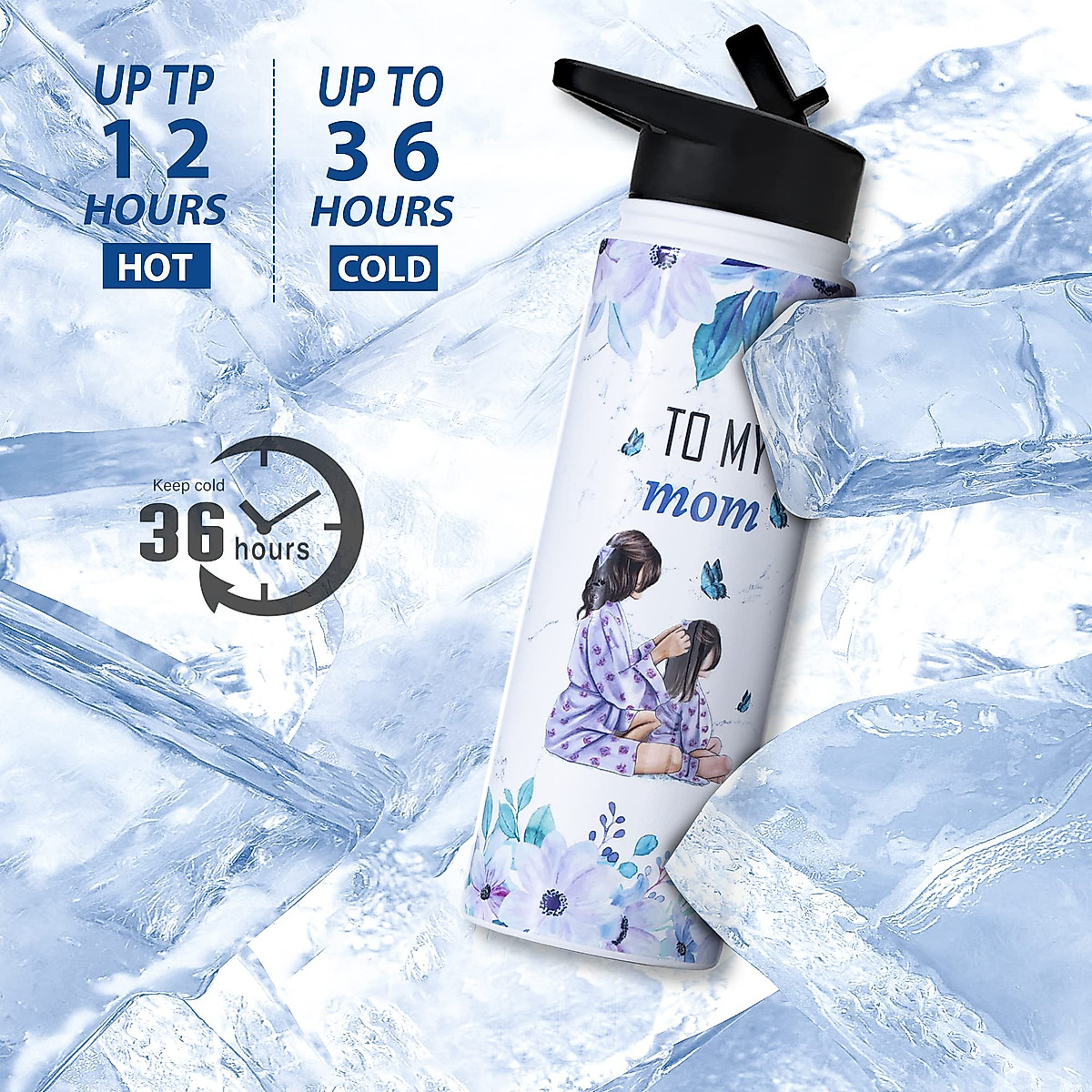 Mom Birthday Gifts from Daughter - 24oz Insulated Stainless Steel Water Bottle - Mother's Day, Christmas, Retirement - BPA-Free With Straws and Brush - Hand Wash Only