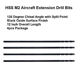 MAXTOOL No. 40x12" 4pcs Aircraft Extension Drills Dia 0.0980" HSS M2 Extra Long Deep Twist Drill Bit Wire Gauge Numbered Straight Shank; ACN02B12R40P4