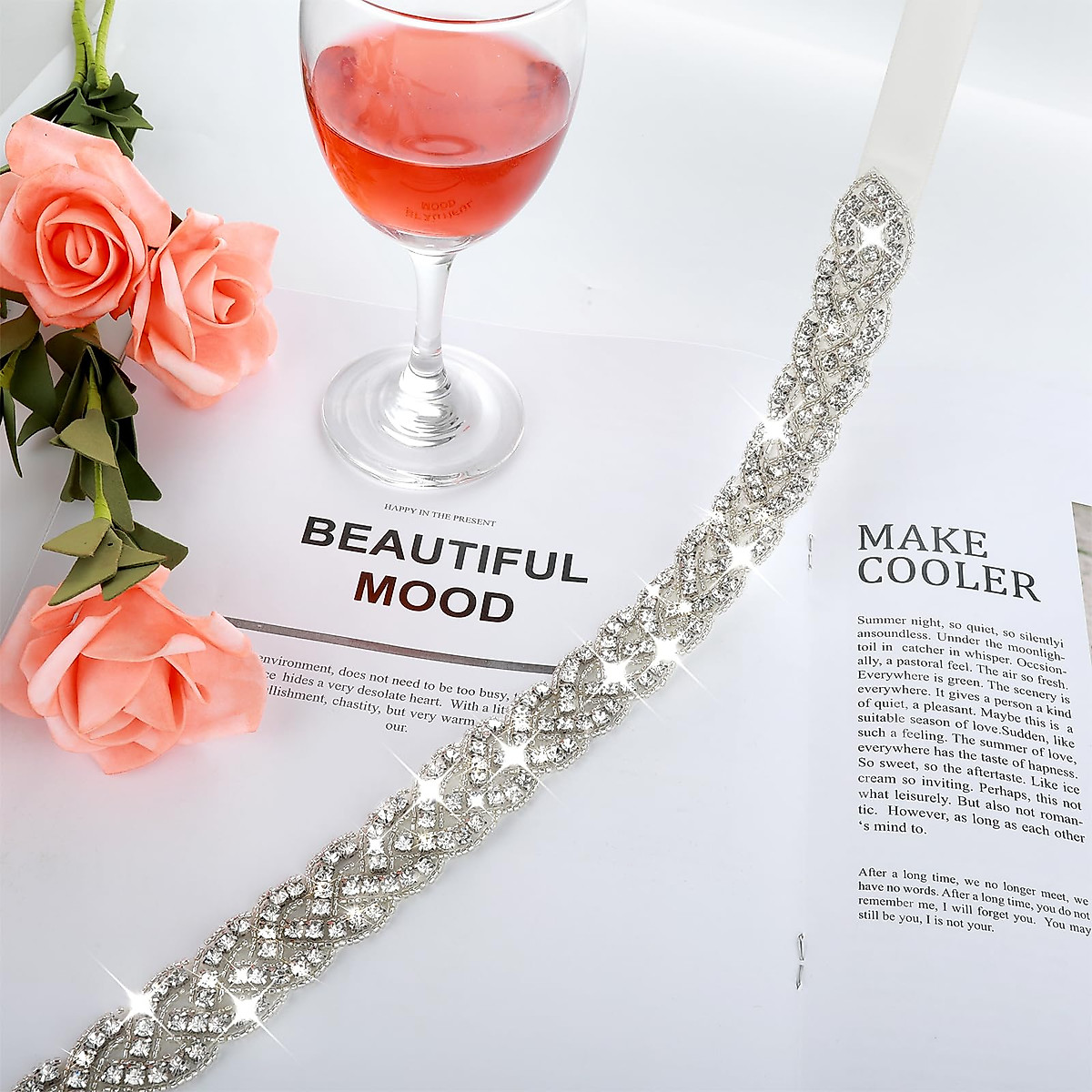 Amaxiu Handcrafted Bridal Rhinestone Wedding Belt for Women, Bling Crystal Belts Glitter Ribbon Women lightly Belt for Jeans Dress Shiny Party Waist Belt (Cream White)