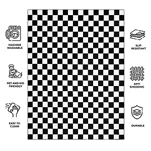 Casanta Living Machine Washable Rug - Checkered Rug - Soft Rug for Livingroom, Bedroom, Playroom, Kitchen or Nursery - Black White - 8x10