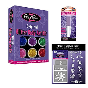 Best of GlitZGlam Stencit Set, Body Adhesive and Glitter Tattoo Kit Original - with 6 Large Glitters & 12 Stencils - HYPOALLERGENIC and DERMATOLOGIST TESTED! - for boys & Girls. Children Tattoos by Gl