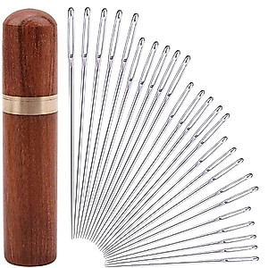 25Pieces Hand Sewing Big Eye Needles Sharp Needle，with Solid Wood Needle Case for