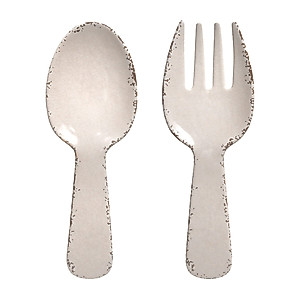 Supreme Housewares 2-Piece 10.75 Inch Melamine Salad Server Serving Utensil Set Includes Salad Spoon and Salad Fork (Crackle, Cream)
