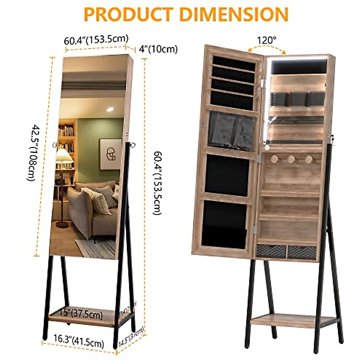 LVSOMT 3 LEDs Full Length Mirror Jewelry Cabinet, Standing Mirror with Jewelry Storage, Large Lockable Armoire for Necklaces, Earrings, Cosmetic Storage, Brown