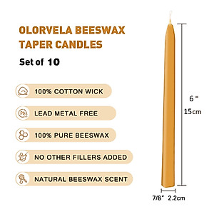 olorvela Beeswax Candles Beeswax Taper Candles Beeswax Candle Sticks 100% Pure Natural Bees Wax Candles for Home Each Burn 6Hrs, 6inch 10Pack