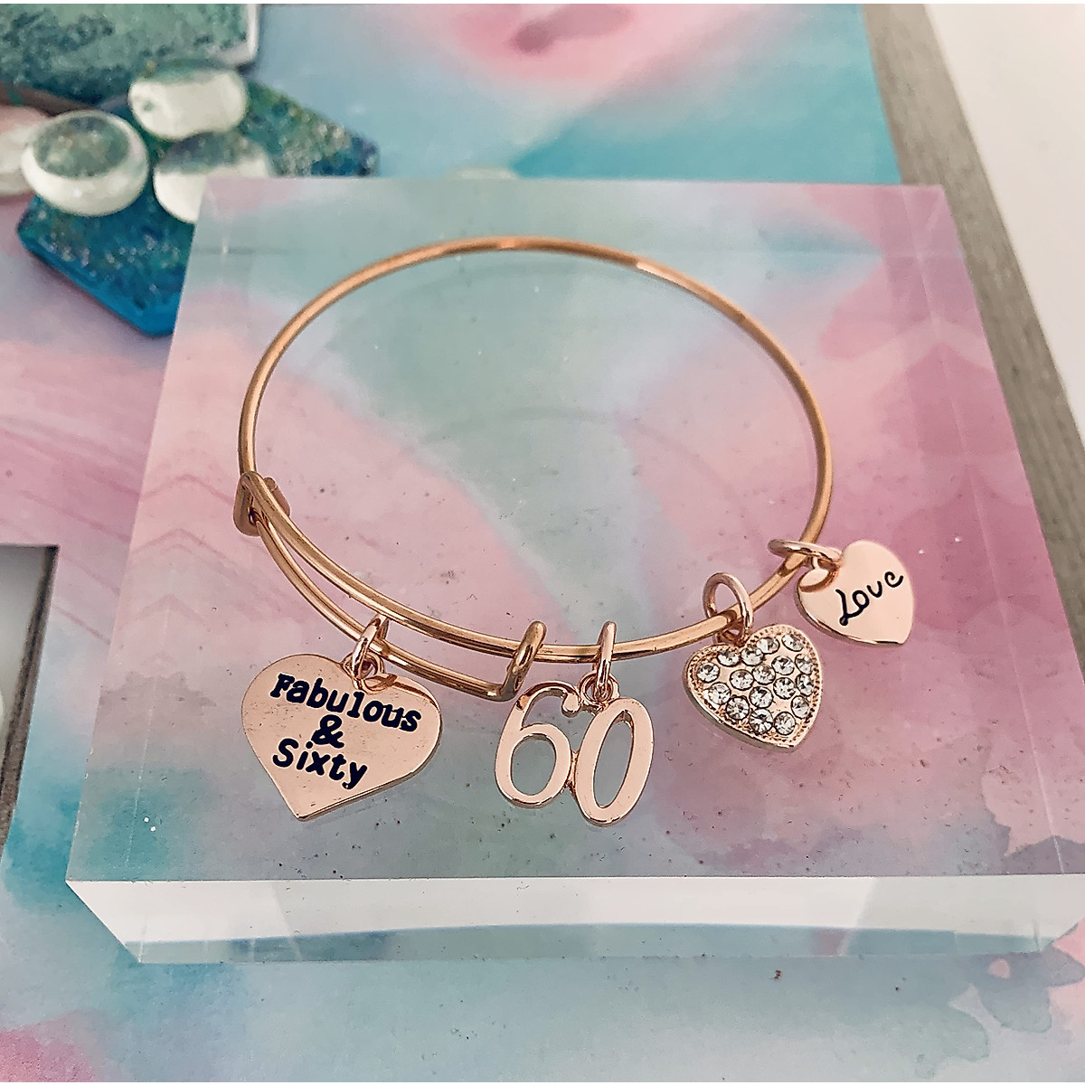 Infinity Collection 60th Birthday Charm Bracelet – Rose Gold Adjustable Bangle with Fabulous & Sixty Charms – Gift for Women – Includes Velvet Jewelry Pouch