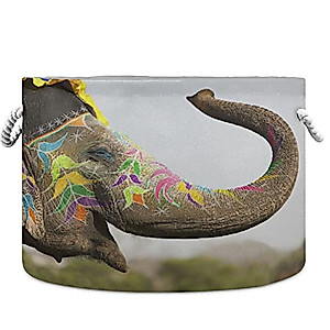 visesunny India Elephant with Painted Laundry Baskets Fabric Storage Bin Storage Box Collapsible Storage Basket Toy Clothes Shelves Basket for Bathroom,Bedroom,Nursery,Closet,Office