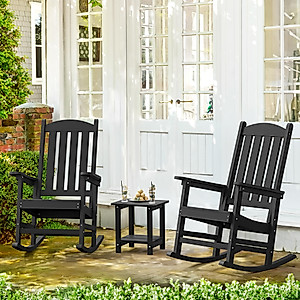 LUE BONA Outdoor Rocking Chairs Set of 3, 2 Chairs & 1 Table HDPS Poly Rocking Chair, All Weather Resistant, Heavy Duty Rocking Chair for Patio, Lawn, Garden, 300LBS, Black