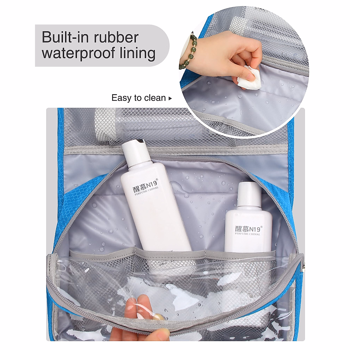 Relavel Travel Hanging Toiletry Bag for Women Men Large Capacity Makeup Bag Waterproof Cosmetic Storage Organizer Case for Bathroom Shower (Blue)