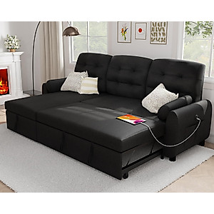 Ucloveria Sectional Sofa Couch, 87" Sleeper Sofa Bed with Reversible Storage Chaise Pull Out Couch for Living Room | Side Pocket | Charging Station | Removable Backrest | Linen Fabric, Black