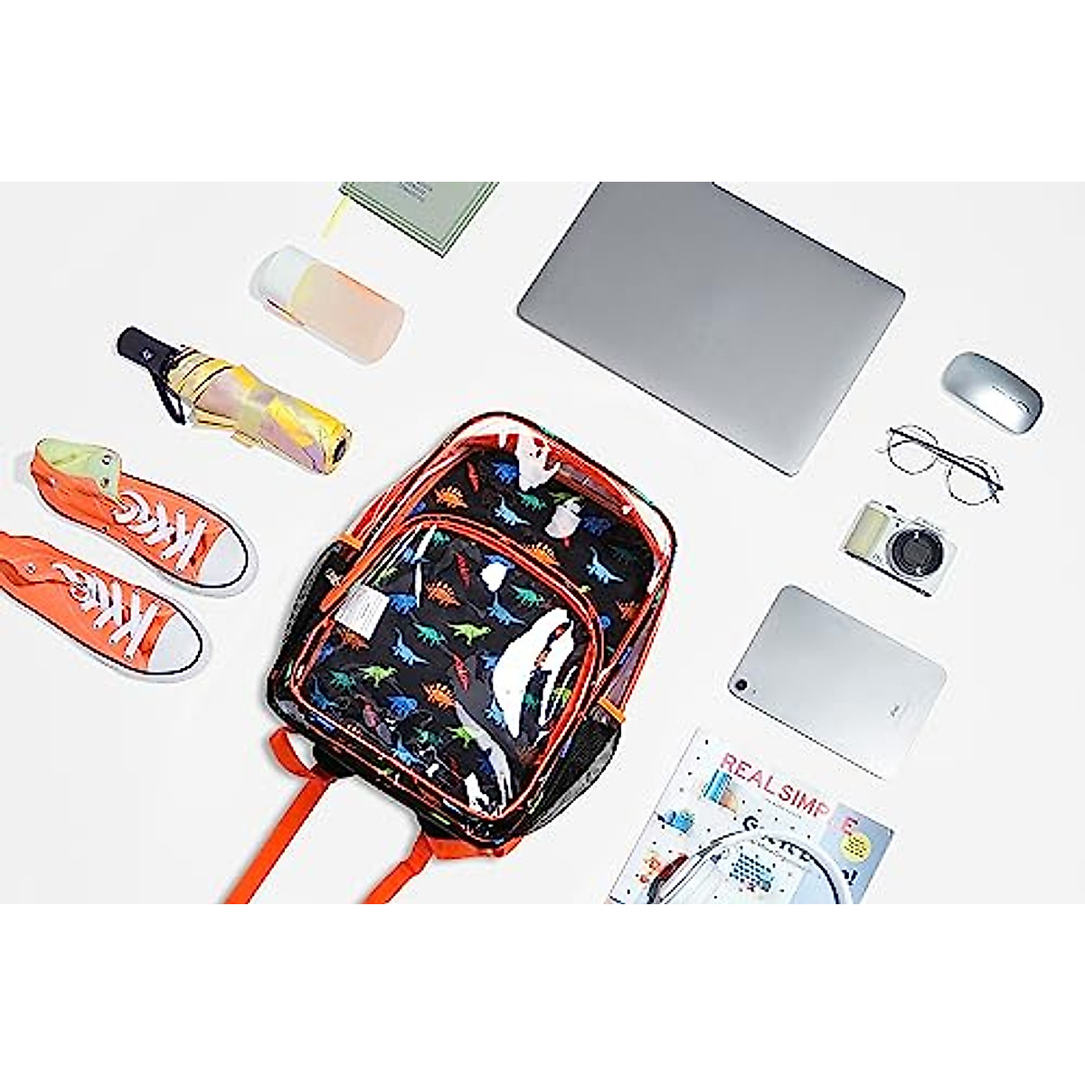 BLUEFAIRY Boys Clear Backpack Heavy Duty Stadium Approved Dinosaur Transparent Backpack Plastic See Through Bag for Kids for School Travel Gifts (Large Orange)