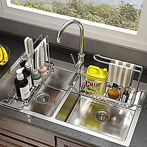 vahvei Telescopic Sink Storage Rack, Expandable Kitchen Sink Organizer Rack,Kitchen Sink Caddy Rack Organizer,304 Stainless Dish Rack Caddy for Soap and Sponge Holder Kitchen Sink