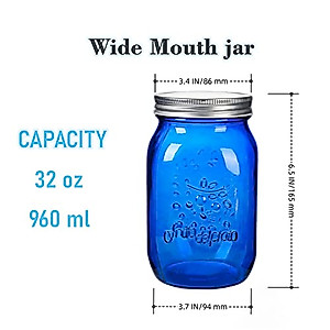 cosnou 32 oz Blue Mason Jars with Lids，Wide Mouth Canning Jar, 6 Pack Multifunction Glass Container, for, Storage, Canning, Pickling, Preserving, Fermenting, DIY Crafts & Decorate