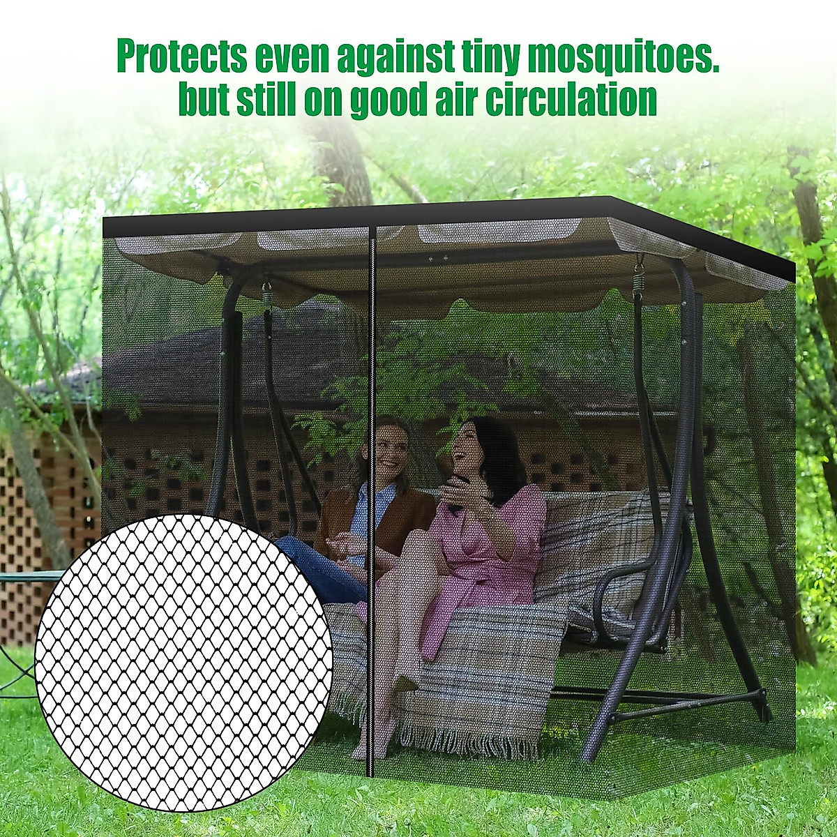 Yuqutum Patio Swing Mosquito Netting, Mosquito Netting for Patio, Mesh Screen with Zipper Opening and Roof Waterproof Tent, Porch Swing Net, 3 Seater 125x185x205cm