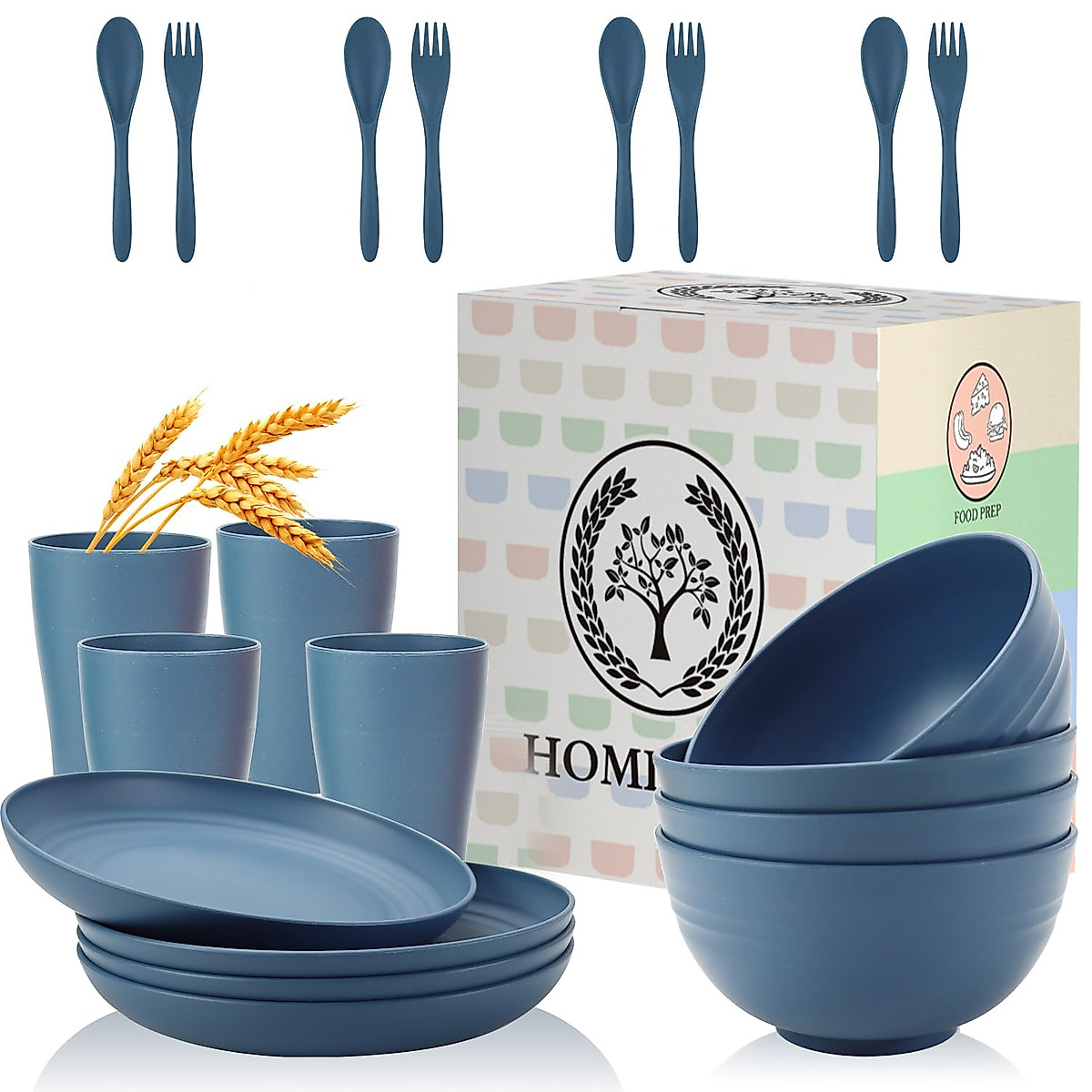 Homienly Wheat Straw Dinnerware Sets, 20pcs Unbreakable Microwave Dishwasher Safe Tableware Lightweight Bowls, Cups, Plates Set Reusable Dinner Plates Bowls set (Blue)