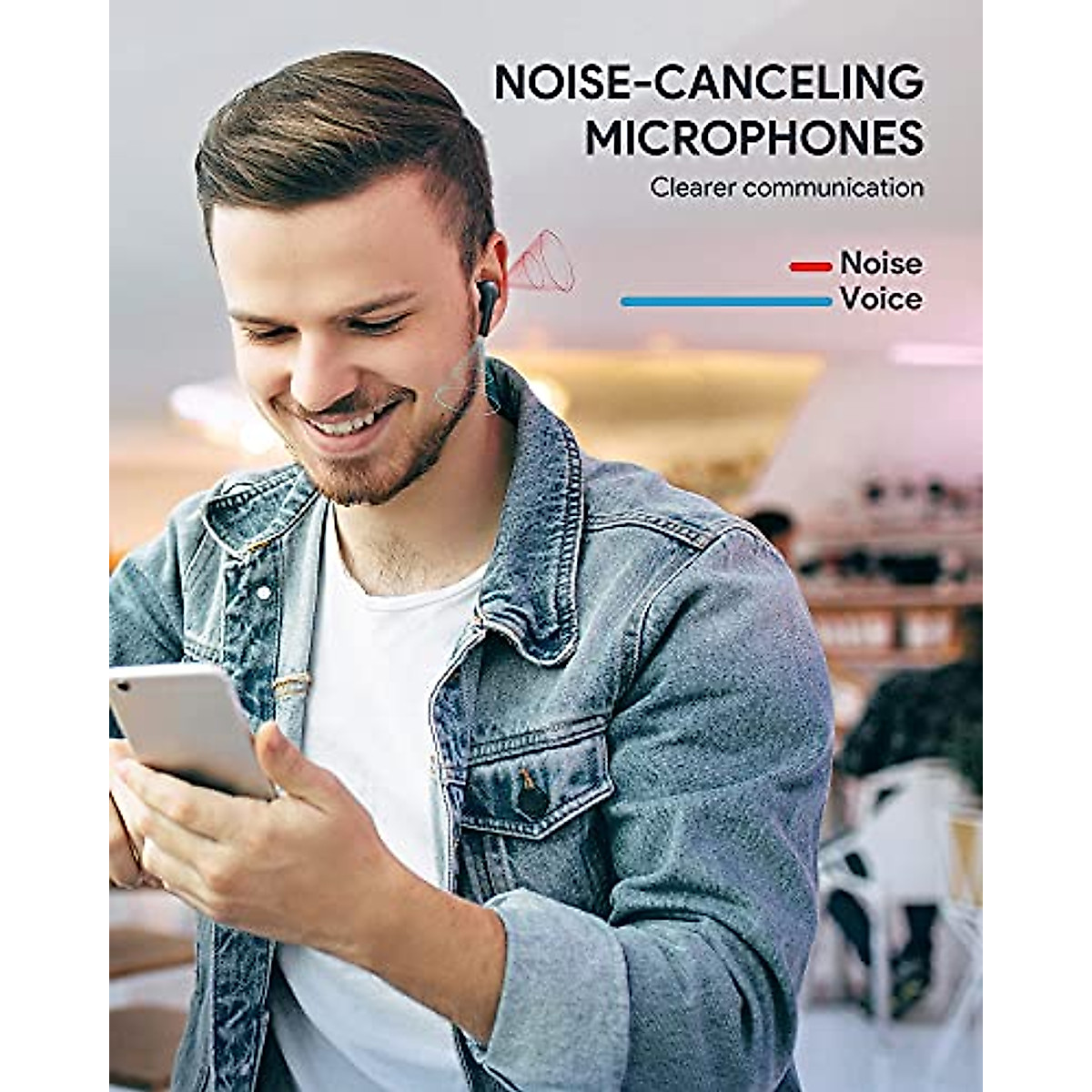 True Wireless Earbuds Noise Cancelling with 4 Microphones, WENKEY Bluetooth 5.3 Headphones for iPhone, Android, IPX6 Waterproof, 50H Playtime, TWS Bluetooth Earphones with Charging Case