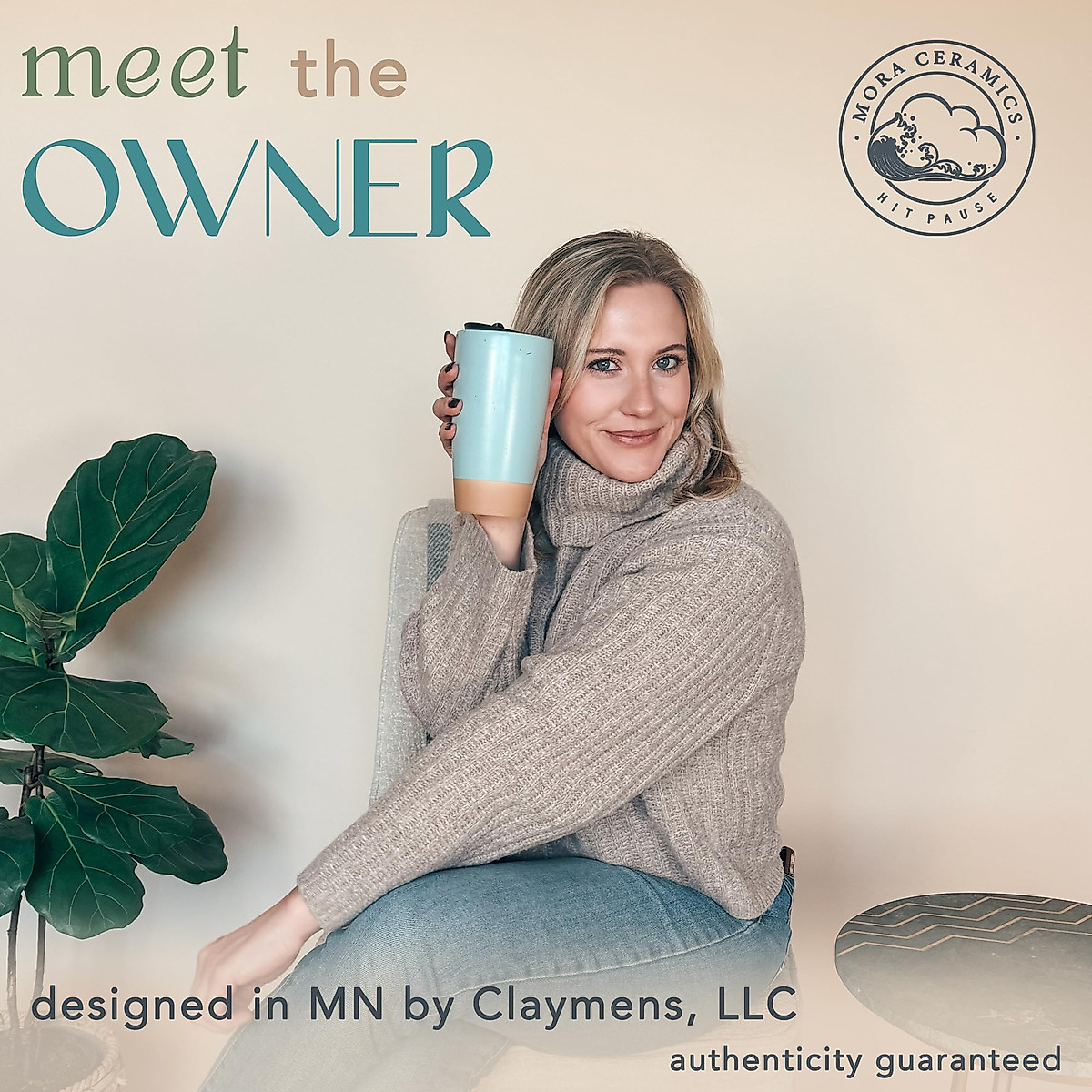 Mora Double Wall Ceramic Coffee Travel Mug with Lid, 14 oz, Portable, Microwave, Dishwasher Safe, Insulated Reusable Tall Cup, Splash Resistant Lid - To Go Tumbler for Car Cup Holder, Seafoam