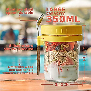 4 Pack Overnight Oats Jars with Lids and Spoons, 12 oz Glass Mason Jars with Airtight Silicone Gaskets - Overnight Oats Mason Overnight Oats Jars Oatmeal Container To Go Breakfast Yogurt Cereal, Fruit