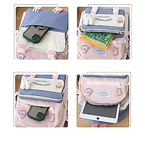 MWZING 5 Piece Backpack Set kawaii Backpack with Cute Bear Doll and Pins Canvas Backpack Large Capacity Aesthetic Shoulder bag