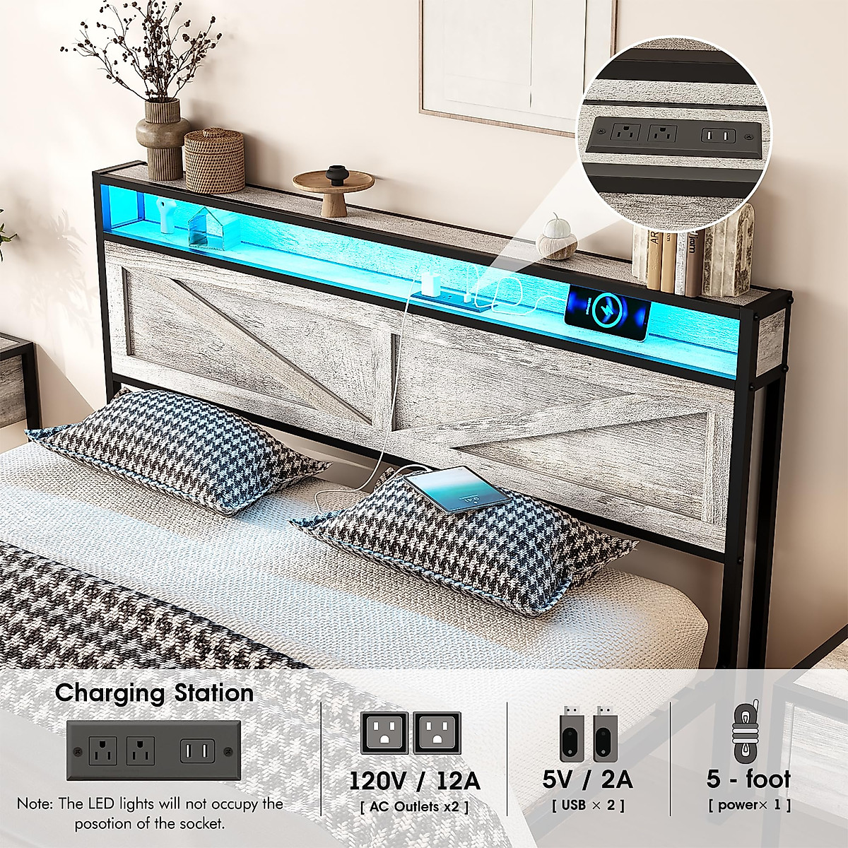 Vabches Full Size Bed Frame with Headboard and Charging Station, Wash Grey Platform Bed Frame with Led Light, No Box Spring Needed, Noise Free Farmhouse Bedroom Set