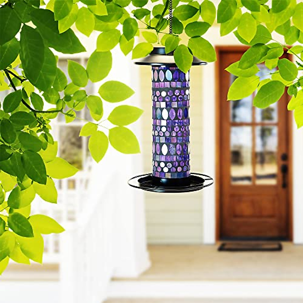 Sun-Ray 811015 Amethyst Mosaic Solar Lighted Bird Feeder Hanging Lantern - Multicolor/Violet/Purple/Blue