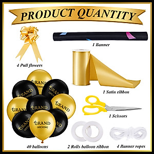 Grand Opening Ribbon Cutting Ceremony Kit Grand Opening Banner Grand Opening Decorations with 10'' Scissors 40 Pcs Balloons Satin Ribbon Bows and More Supplies for Business Events (Black Gold)