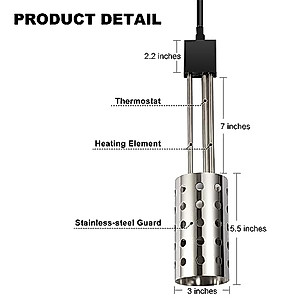 GESAIL 1000W Electric Immersion Heater, Bucket Water Heater with 304 Stainless-Steel Guard, Submersible Bucket Heater with Thermostat and Auto Shutoff, Heats 5 Gallons Water in Minutes