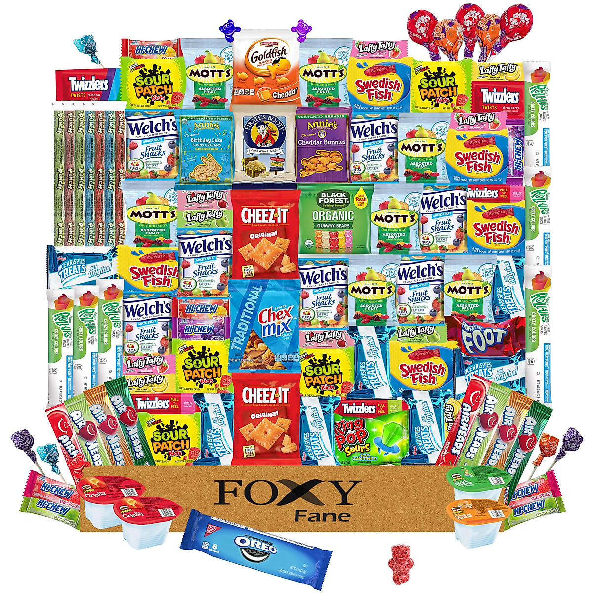 Foxy Fane 100 count Snack Box - Ultimate Gift Basket with Variety Assortment of Crackers, Cookies, Candy & Chips - Bulk Bundle of Delicious Treats for Kids, Teens & Children of all Ages [ 100 Snacks ]