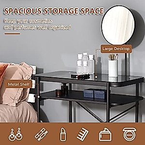 HOMCOM Modern Glasstop Vanity Table with Mirror, Makeup Dressing Table with Rotating Round Mirror, Shelves for Perfumes, Cosmetics, Lotions, Black