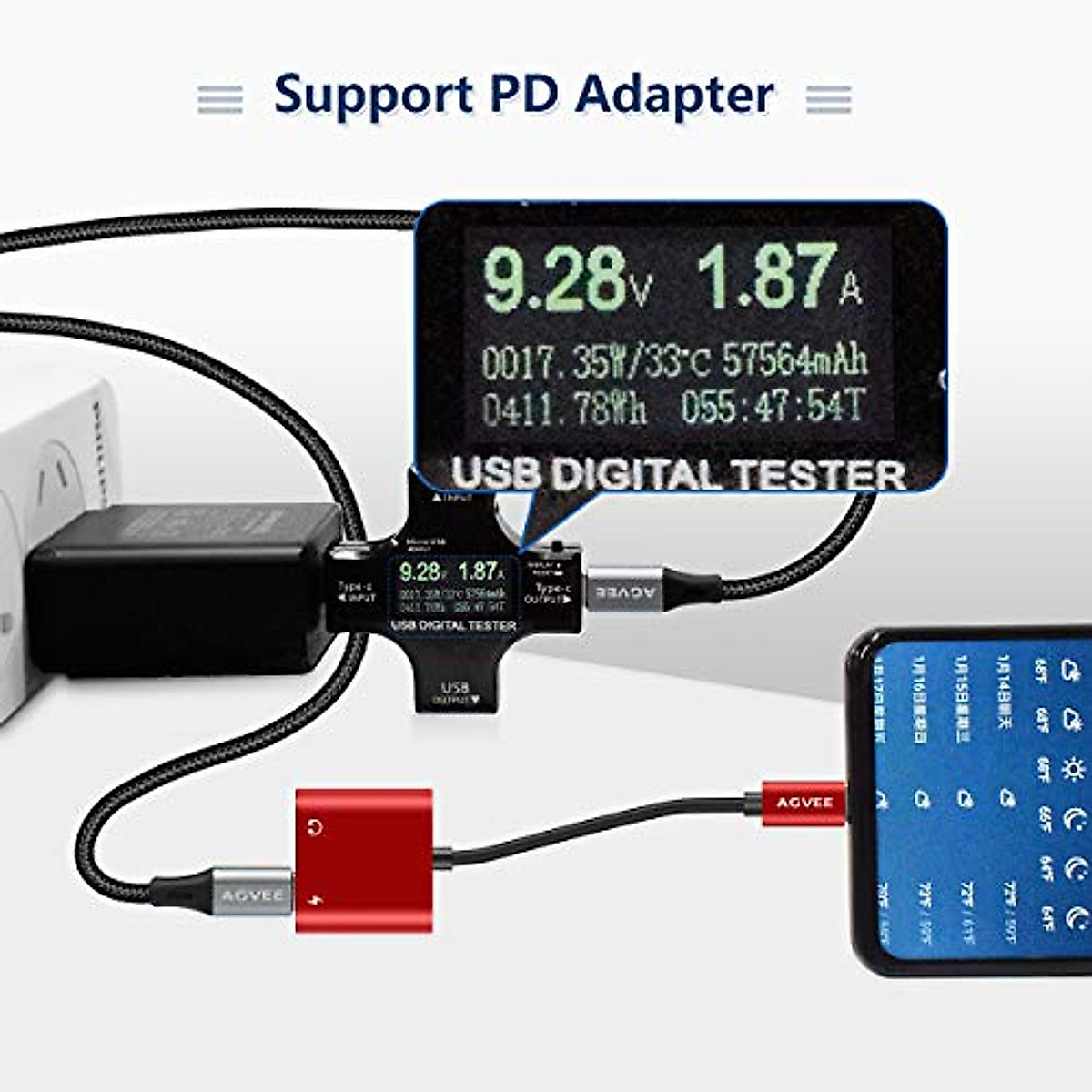 AGVEE 2-in-1 USB-C to 3.5mm Microphone Headphone Adapter, Type-C Mic AUX Earbud Splitter, USBC Audio Earphone Converter, PD 27W Charger Dongle for Samsung S21 S20 Note 20/10, iPad Pro, Pixel, Red